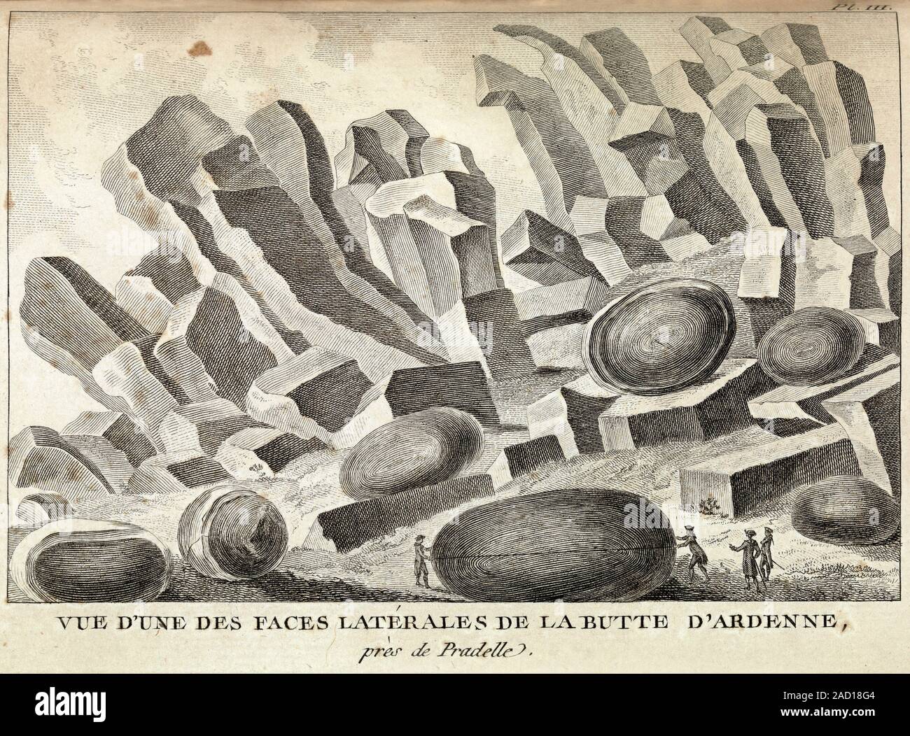 Volcanic basalt formation. 18th-century illustration of visitors ...