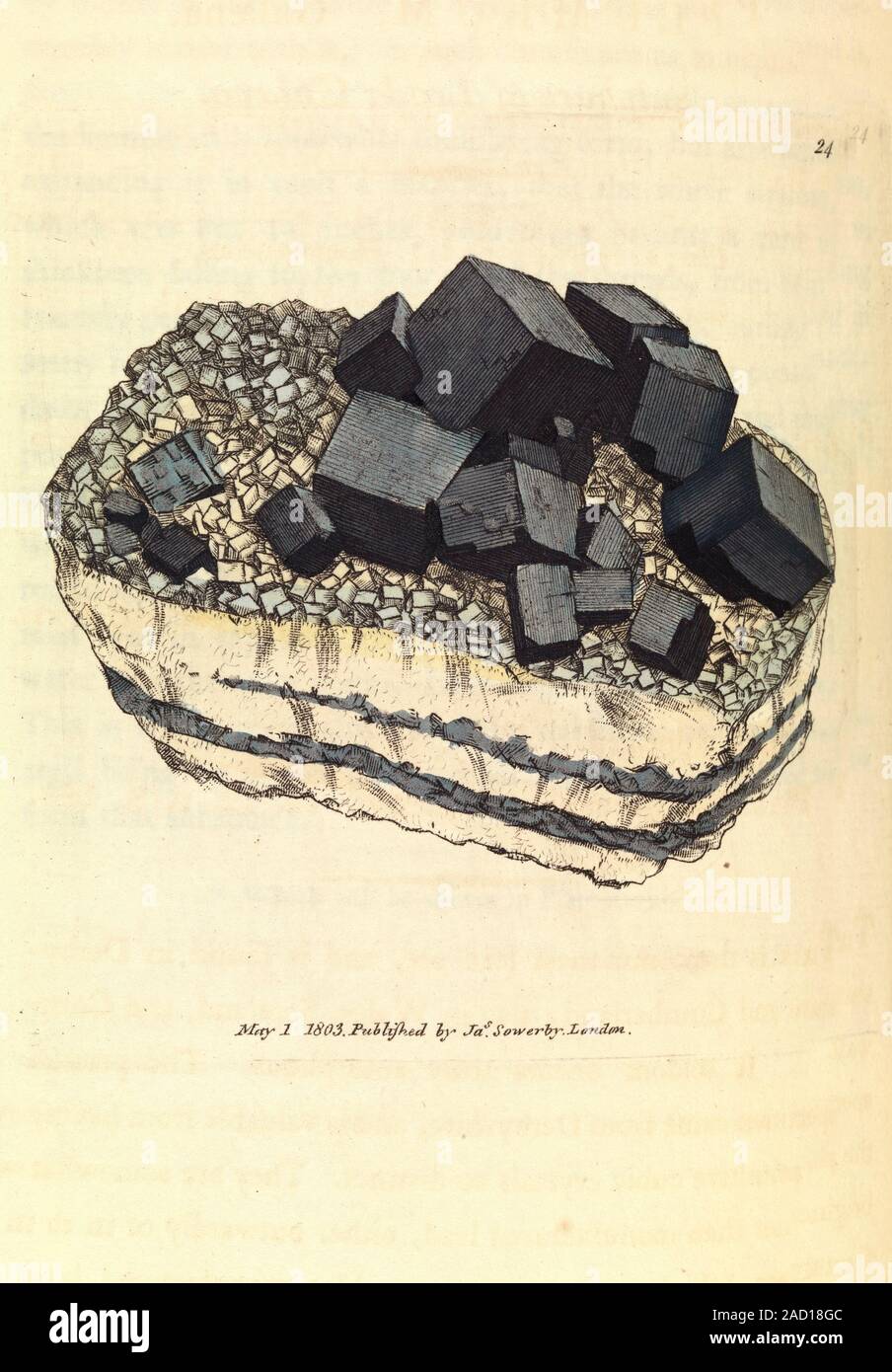 Galena crystals. 19th-century illustration of a specimen of the mineral ...
