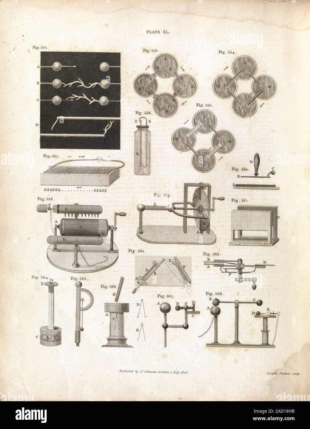 Electricity experiments. 19th-century illustration of various equipment ...