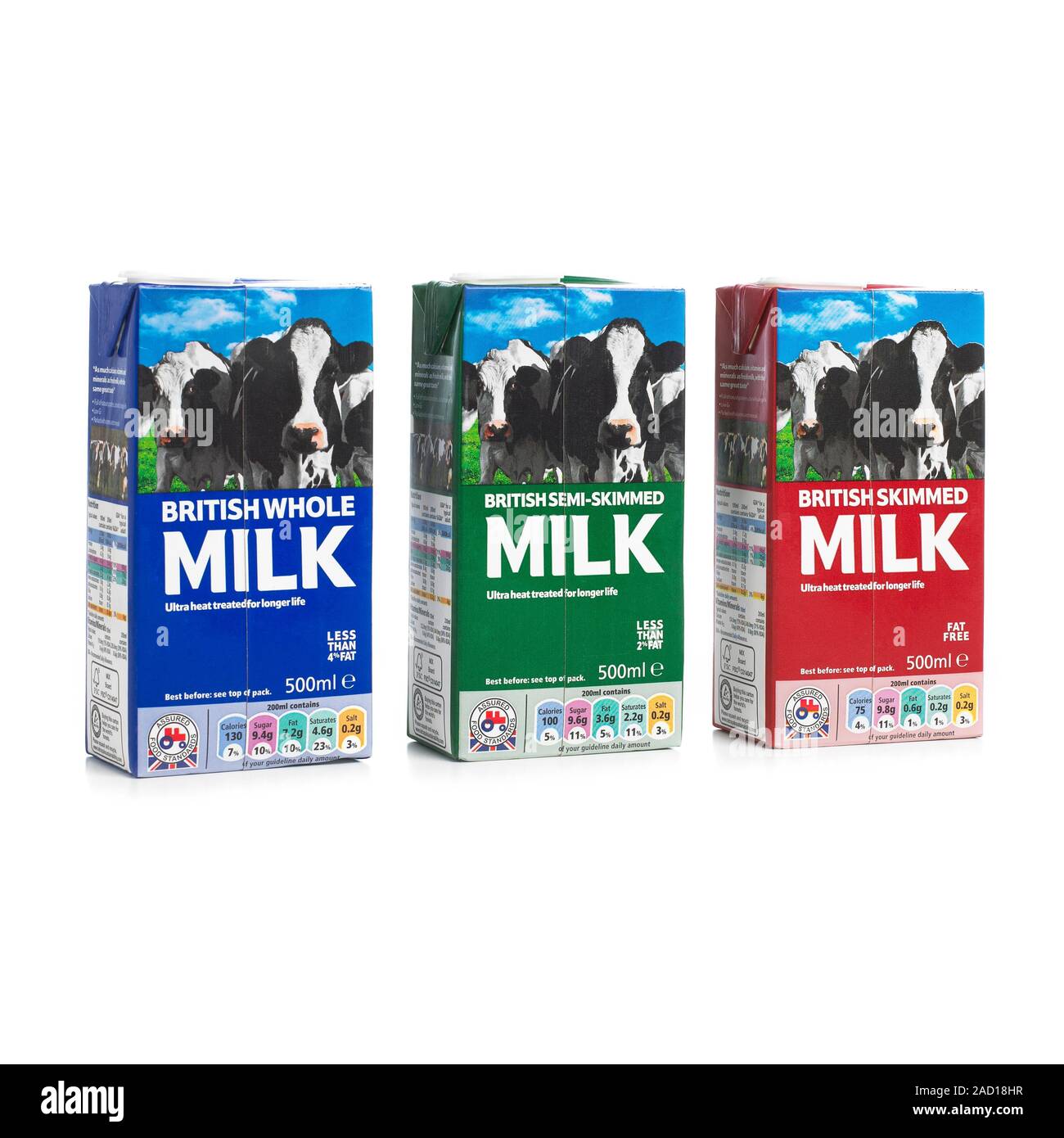 Longlife milk. Cartons containing longlife' milk. Left to right they ...