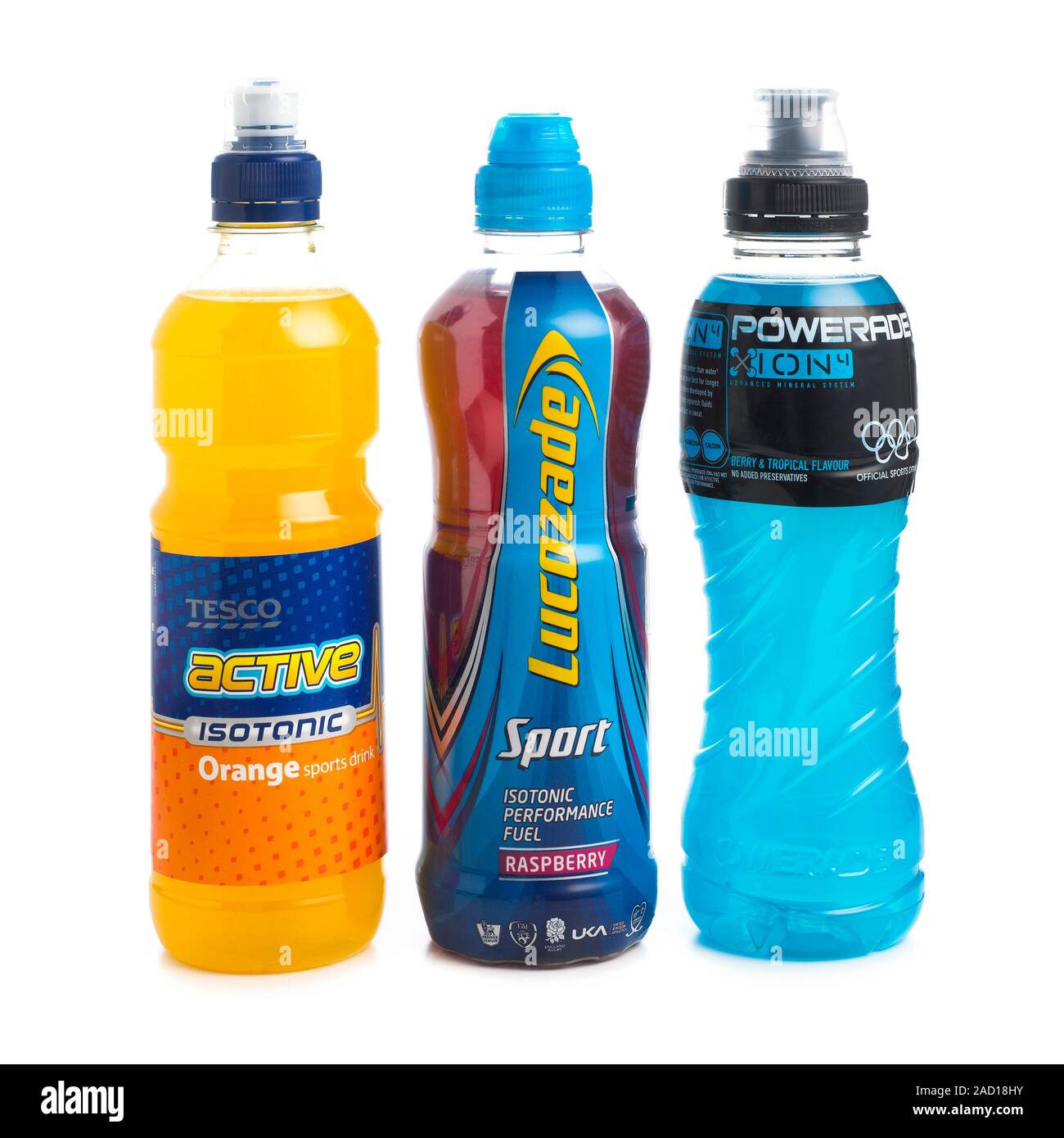 Sports drinks. Three bottles containing isotonic sports drinks. These are water-based drinks ...