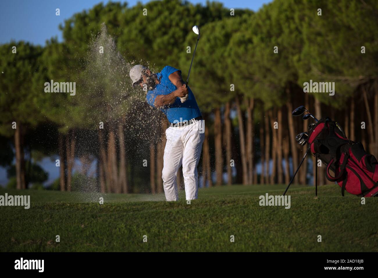 golfer hitting a sand bunker shot on sunset Stock Photo - Alamy