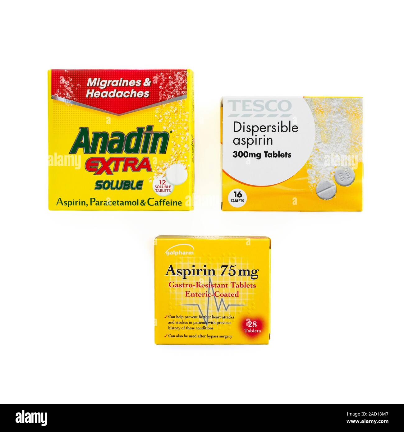Aspirin. Packets of tablets that contain aspirin. Aspirin, or ...