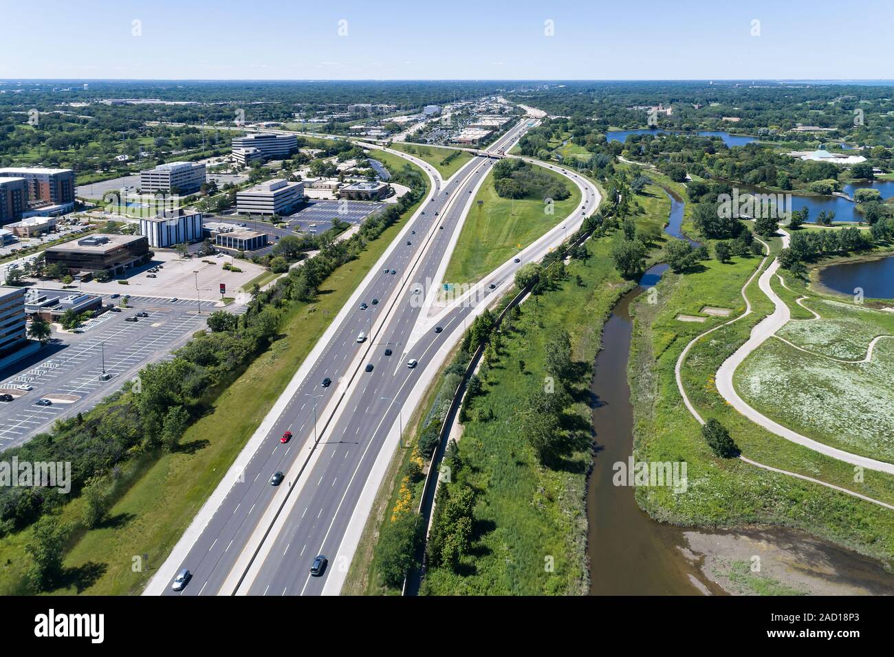 Aerial view of a highways, overpasses, ramps and buildings in the ...