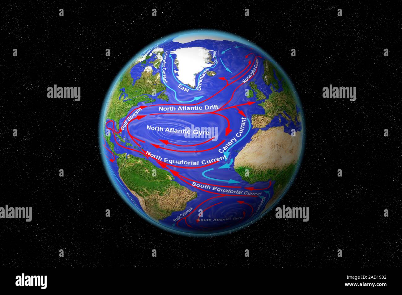 Warm ocean currents are in red; cold currents are in blue. Data ...