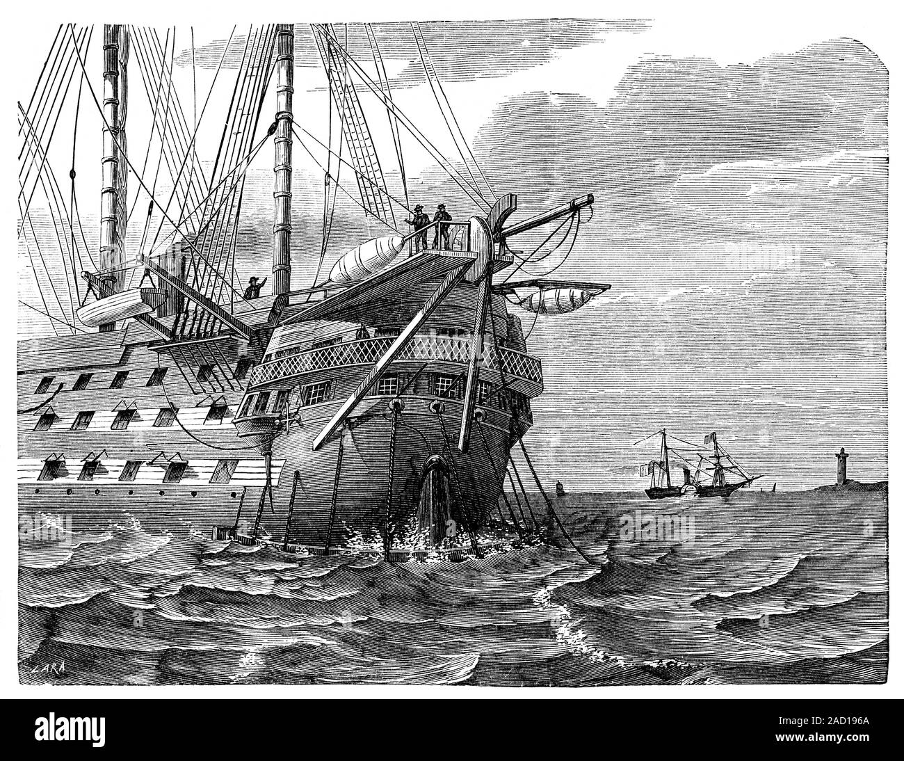 Atlantic telegraph cable laying. Cable ship 'Agamemnon' on 2 August ...