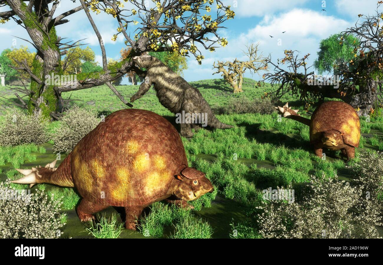 Prehistoric mammals. Computer illustration of two Doedicurus sp ...