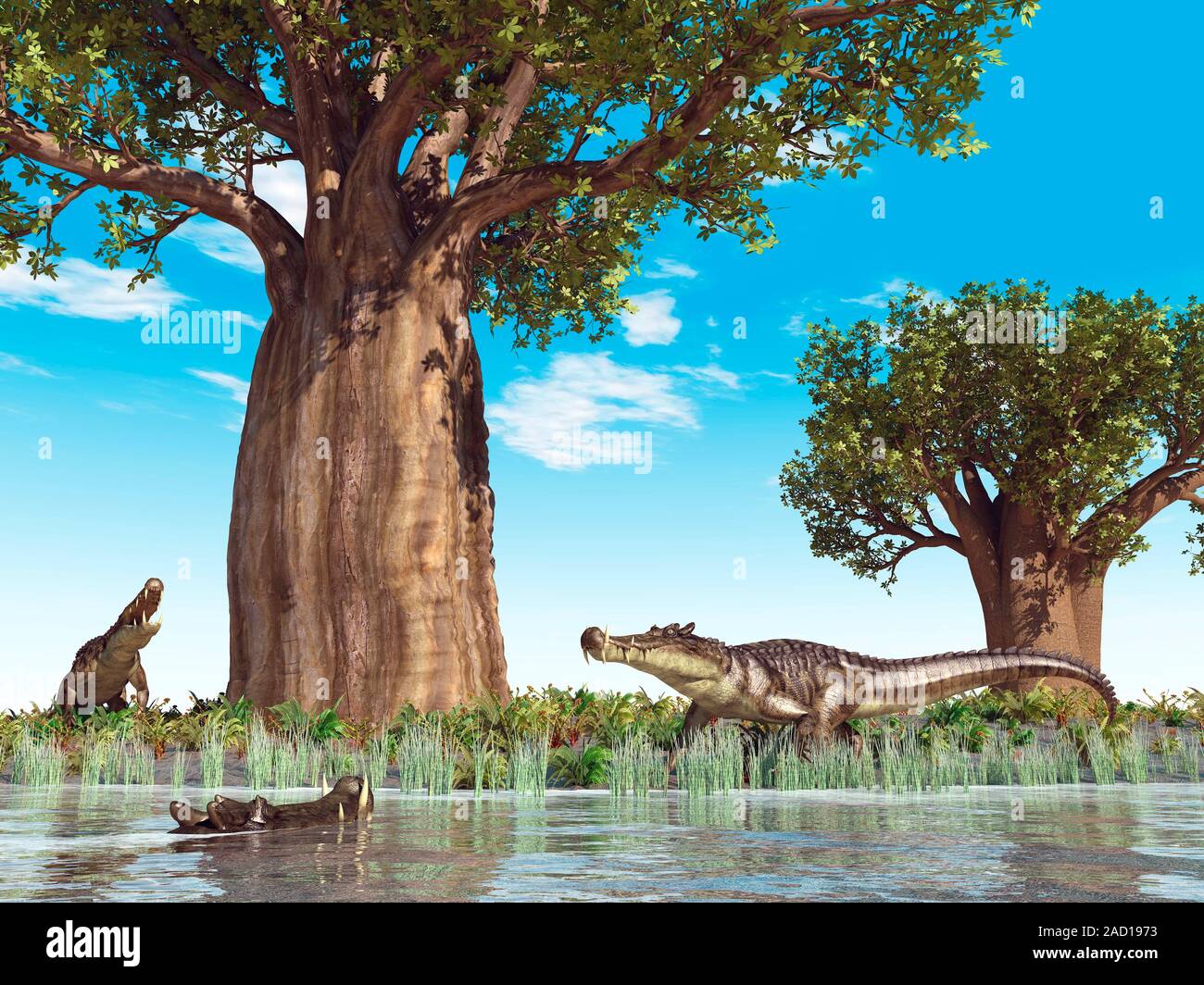 Kaprosuchus prehistoric crocodiles. Computer illustration of ...
