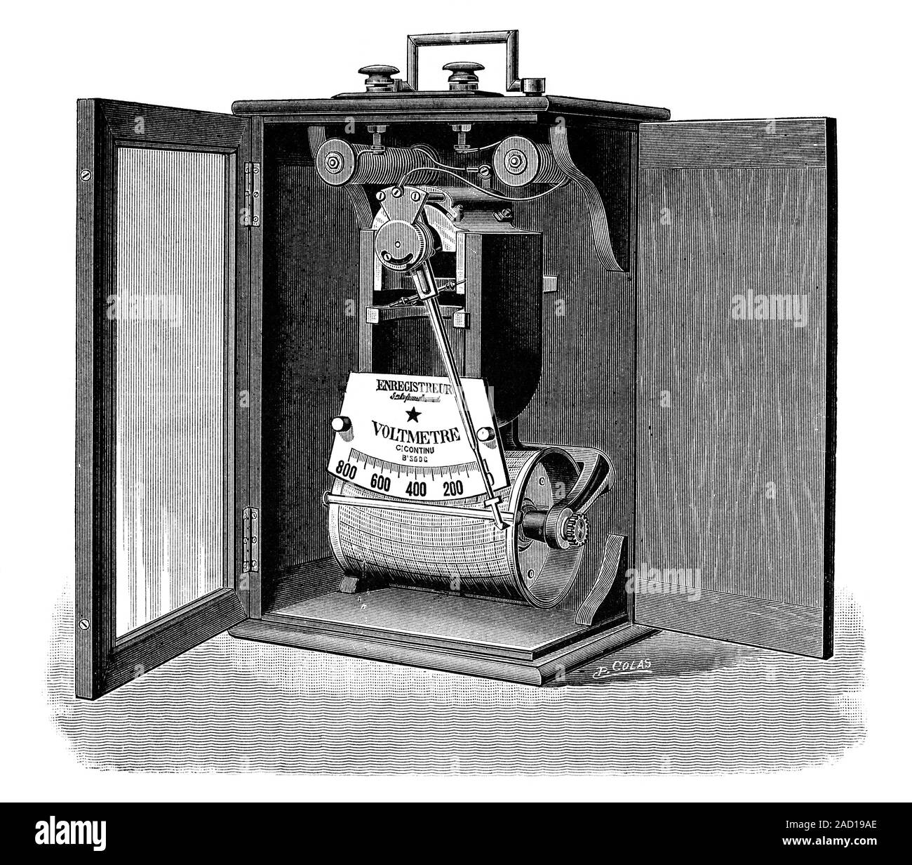 Voltmeter recorder. Historical illustration of a voltmeter designed to ...