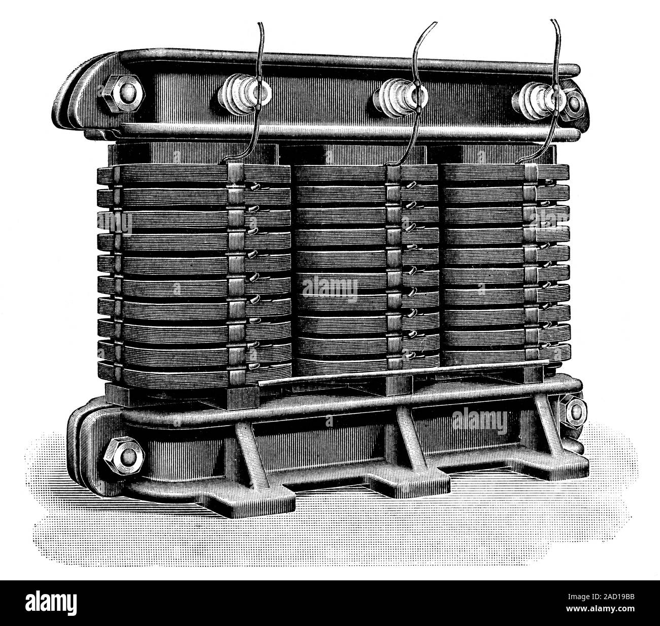 Electricity transformer. Historical illustration of a triphase ...