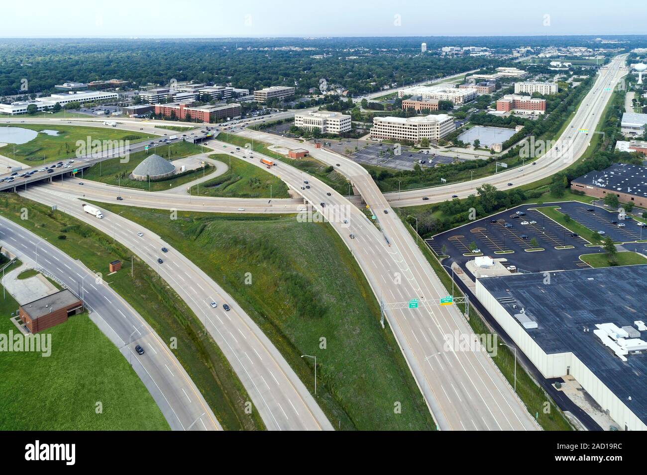 Aerial view of a highways, overpasses and ramps in a suburban Chicago ...