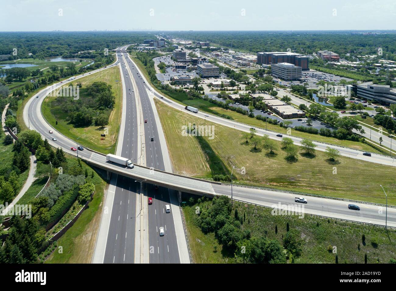Aerial view of a highway and ramp with cars and trucks in a Chicago ...