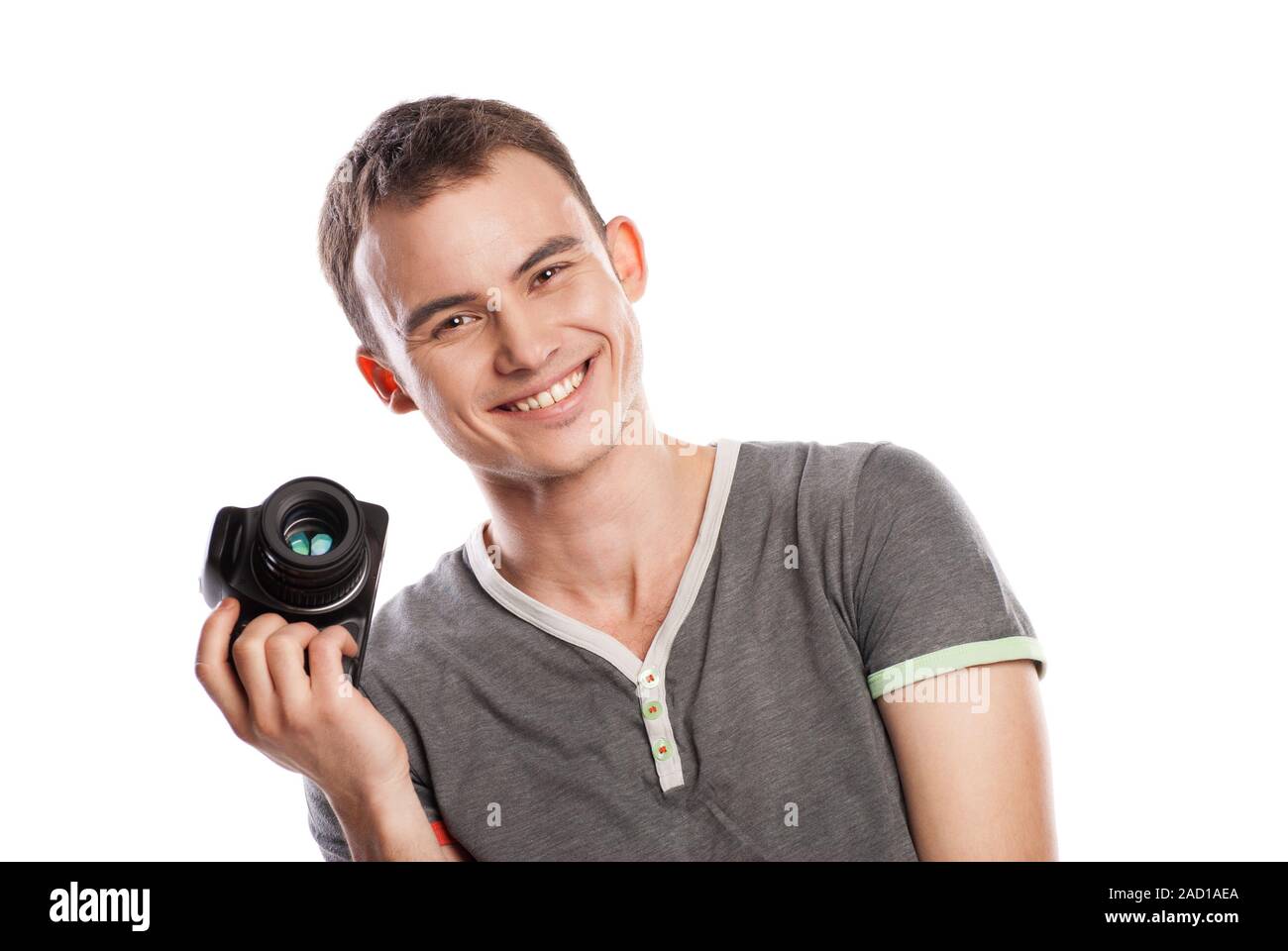 male photographer with camera isolated on white Stock Photo - Alamy
