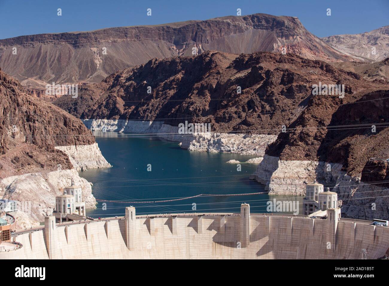 Lake Mead dam and hydro plant, Nevada, USA. The lake is at a very low ...