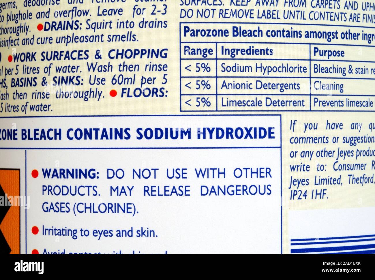 Bleach warning label. Close-up of the label on a bottle of bleach ...