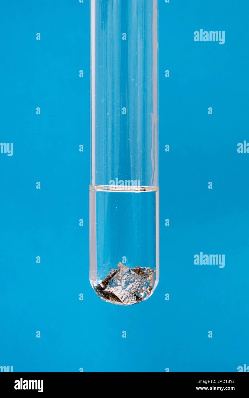 Tin in sulphuric acid. Test tube containing pieces of tin with weak ...