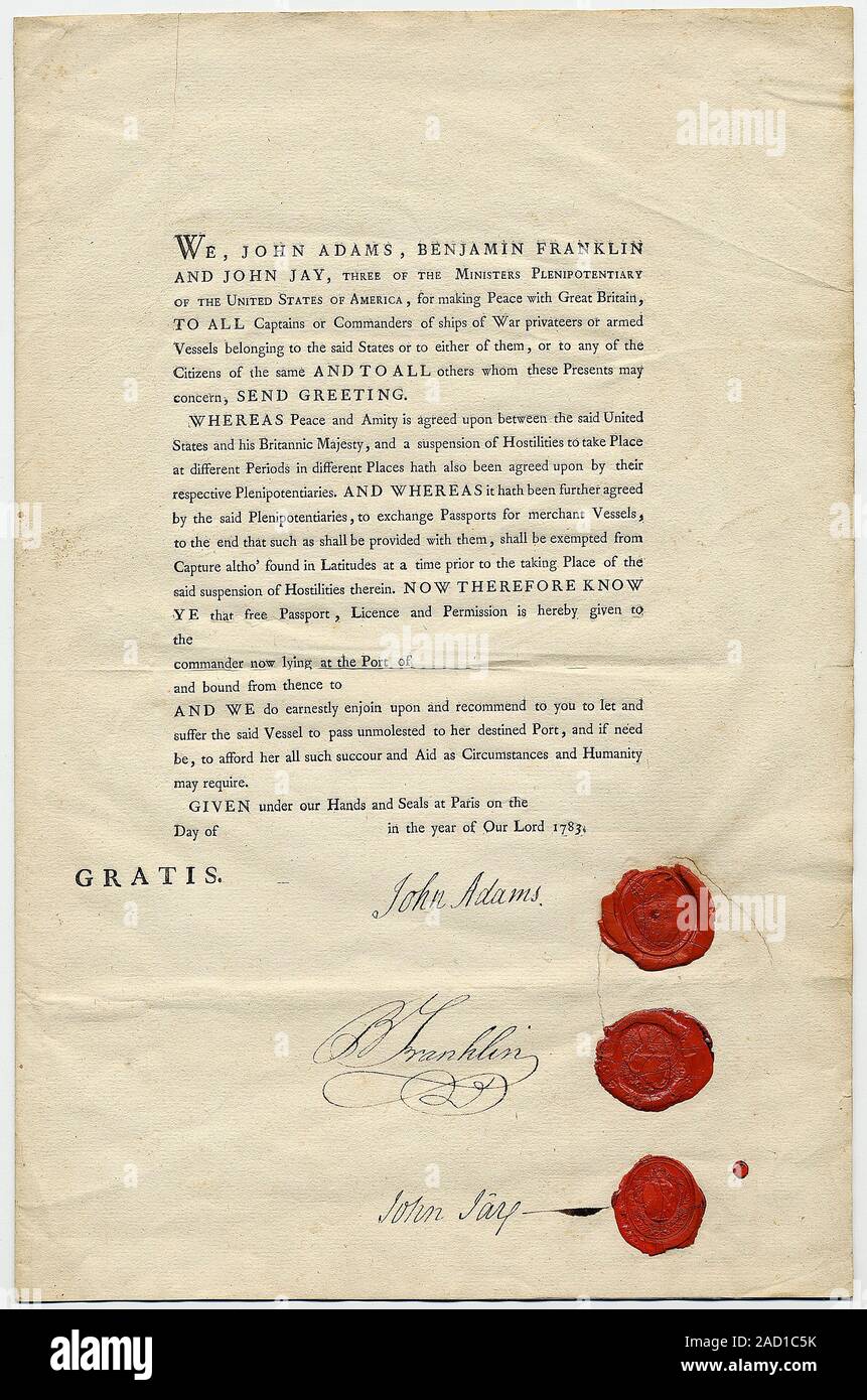 18th Century US ship's passport. 1783 Merchant vessel passport signed ...