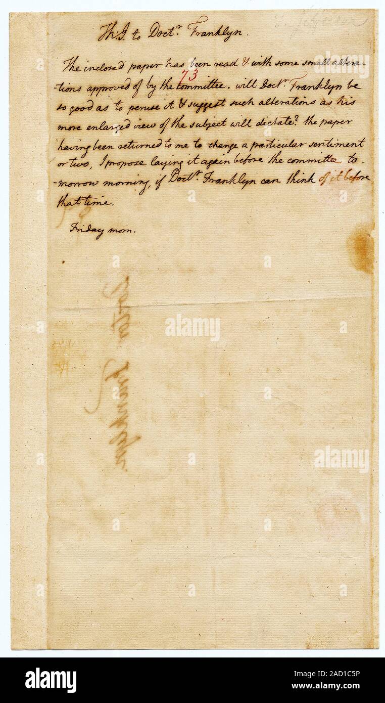 Letter from Jefferson to Franklin. 1776 letter written by Thomas ...