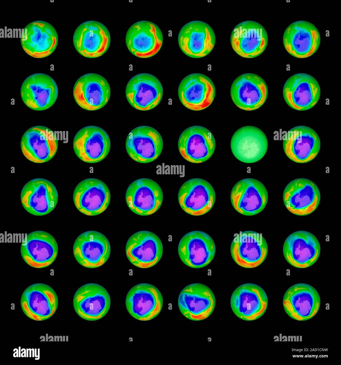 Ozone hole, 1979-2014. Satellite images of the maximum by depth (amount ...