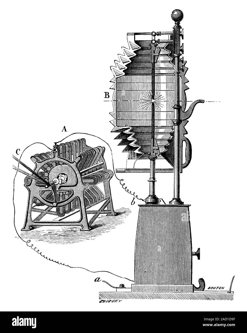 Lighthouse electric light. Historical illustration of the magneto ...