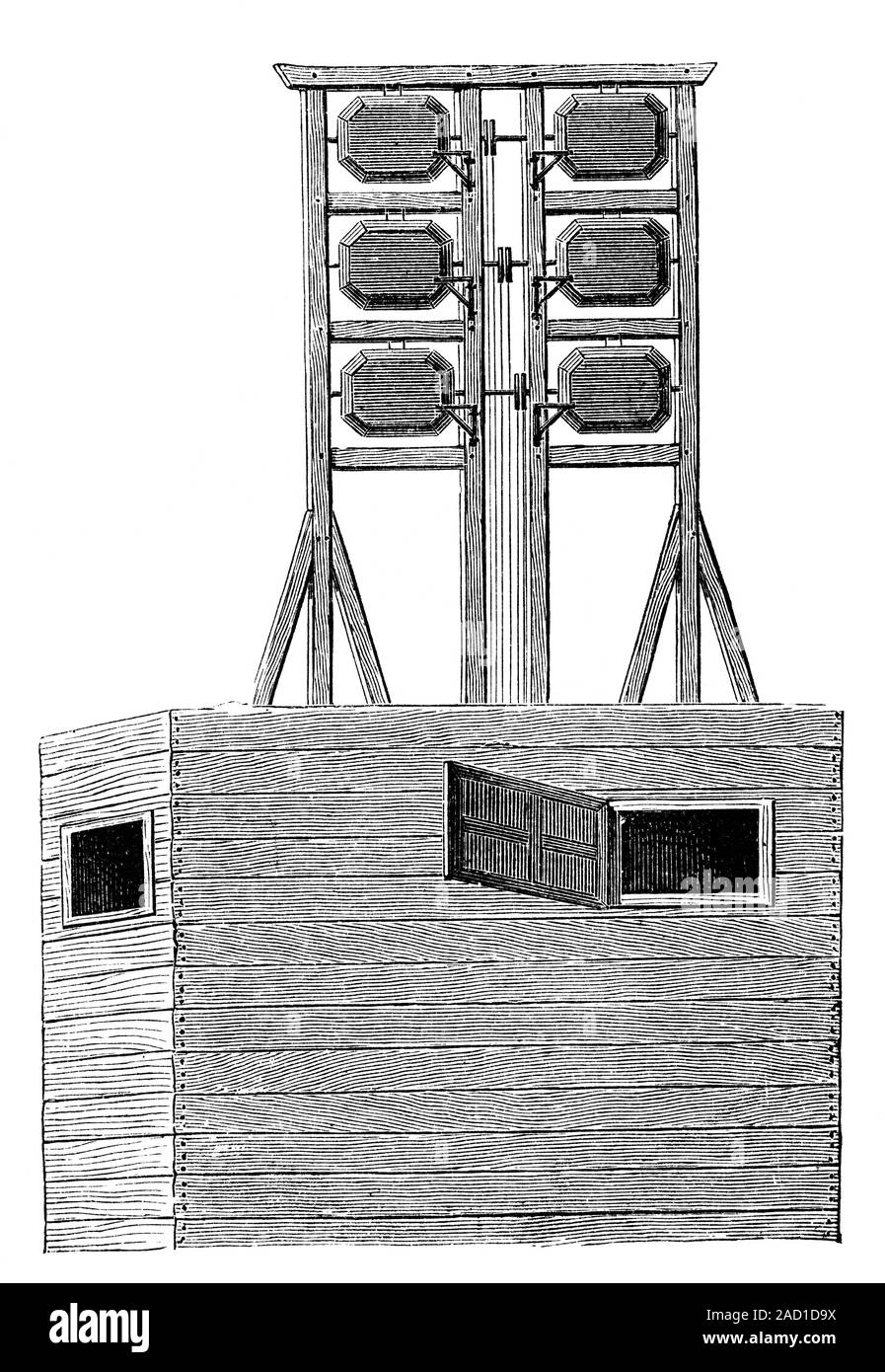 Optical telegraphy. Historical illustration of an optical (also called ...