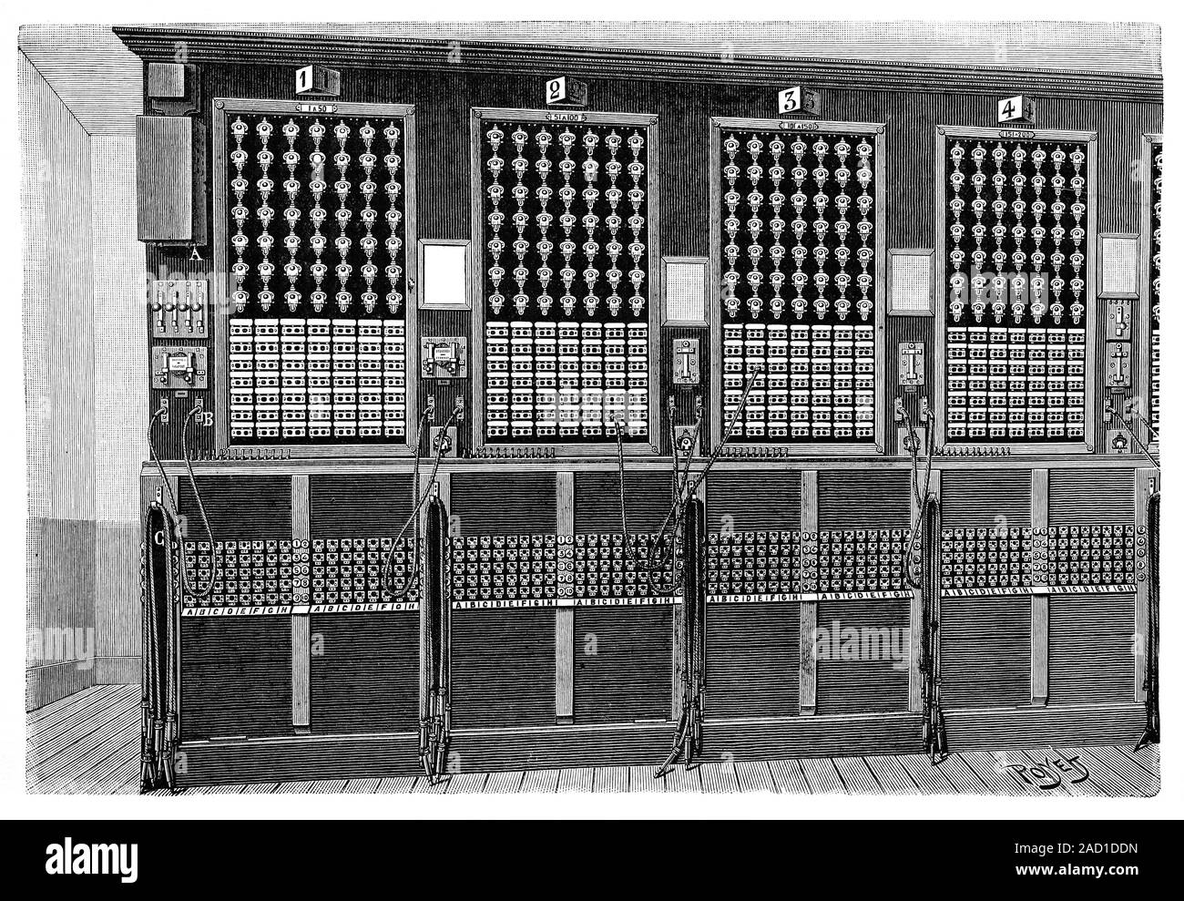 Central telephone exchange. Historical illustration of the wiring and ...