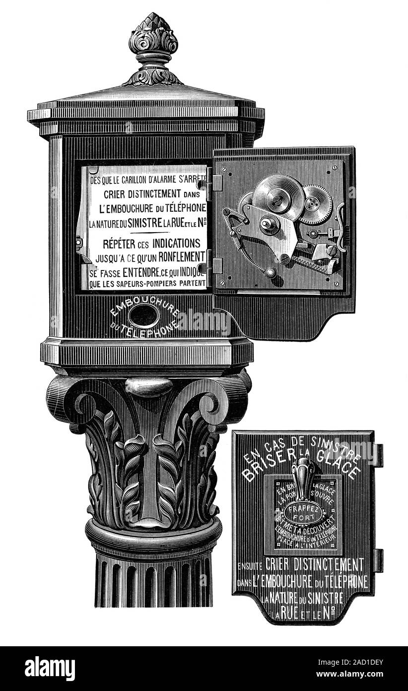Fire alarm warning system. Historical illustration of a telephone-based ...