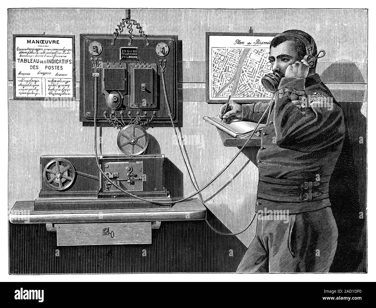 Fire alarm warning system. Historical illustration of a firefighter ...