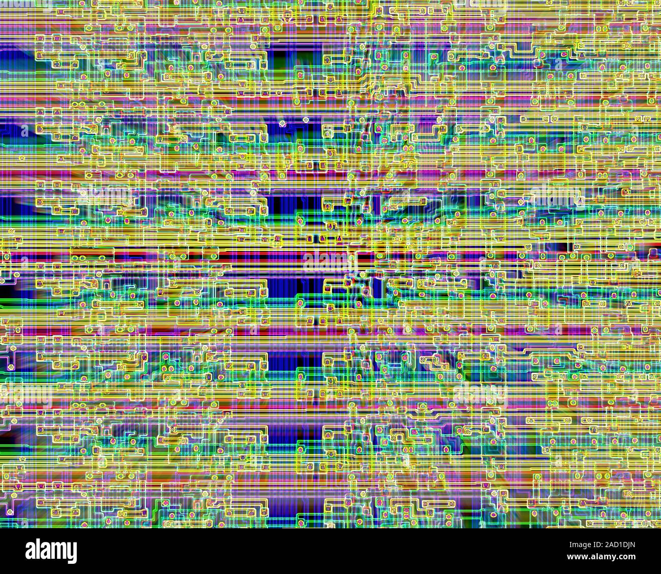 Computer enhanced light micrograph of a detail of a microchip ...