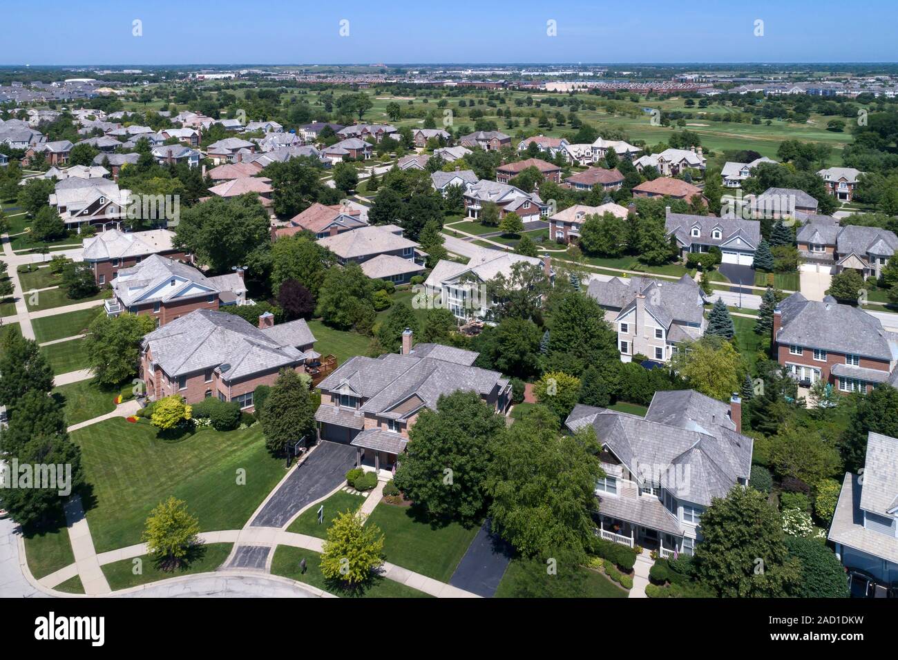 Aerial view of a neighborhood in suburban Chicago during summer with a ...
