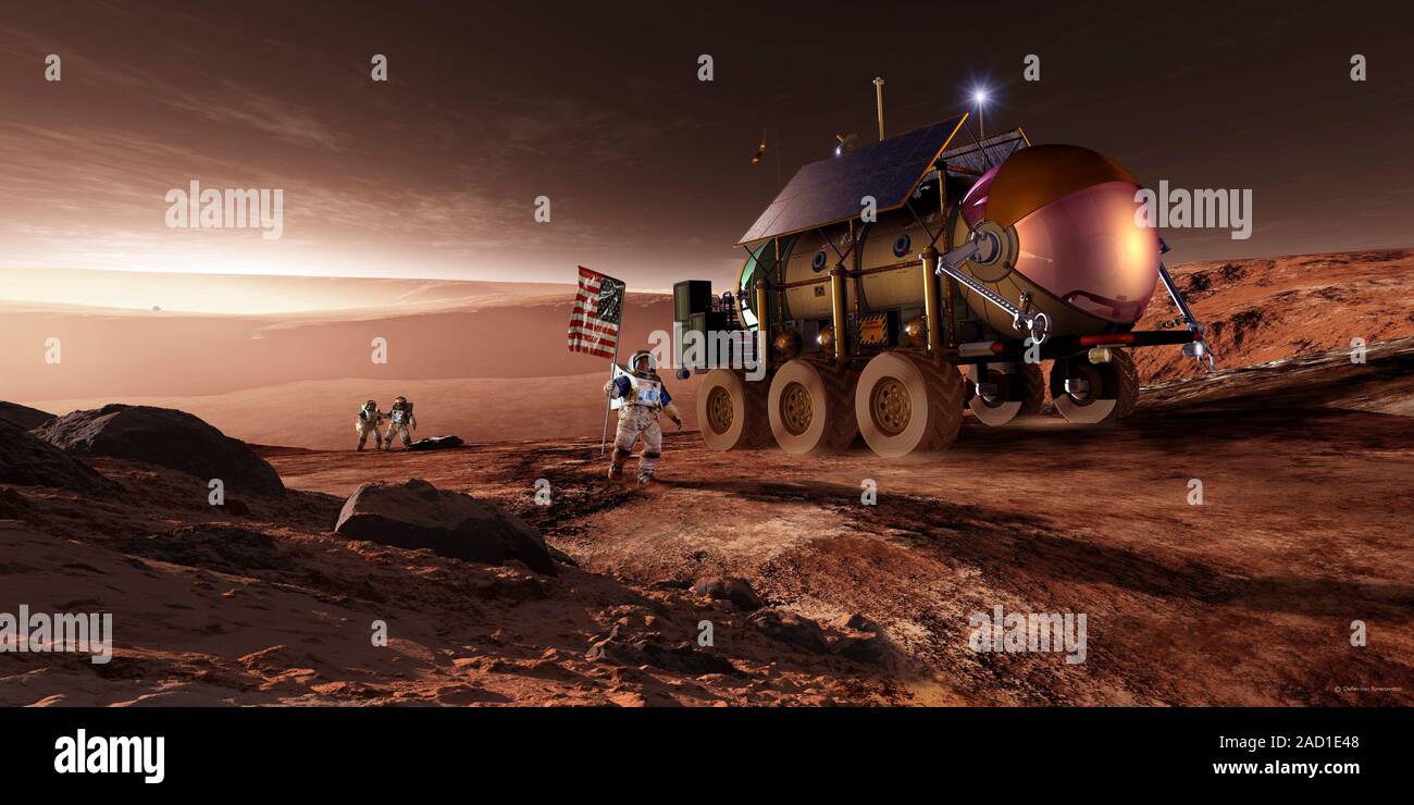 Mars exploration, artwork. Mars rover and three astronauts exploring ...