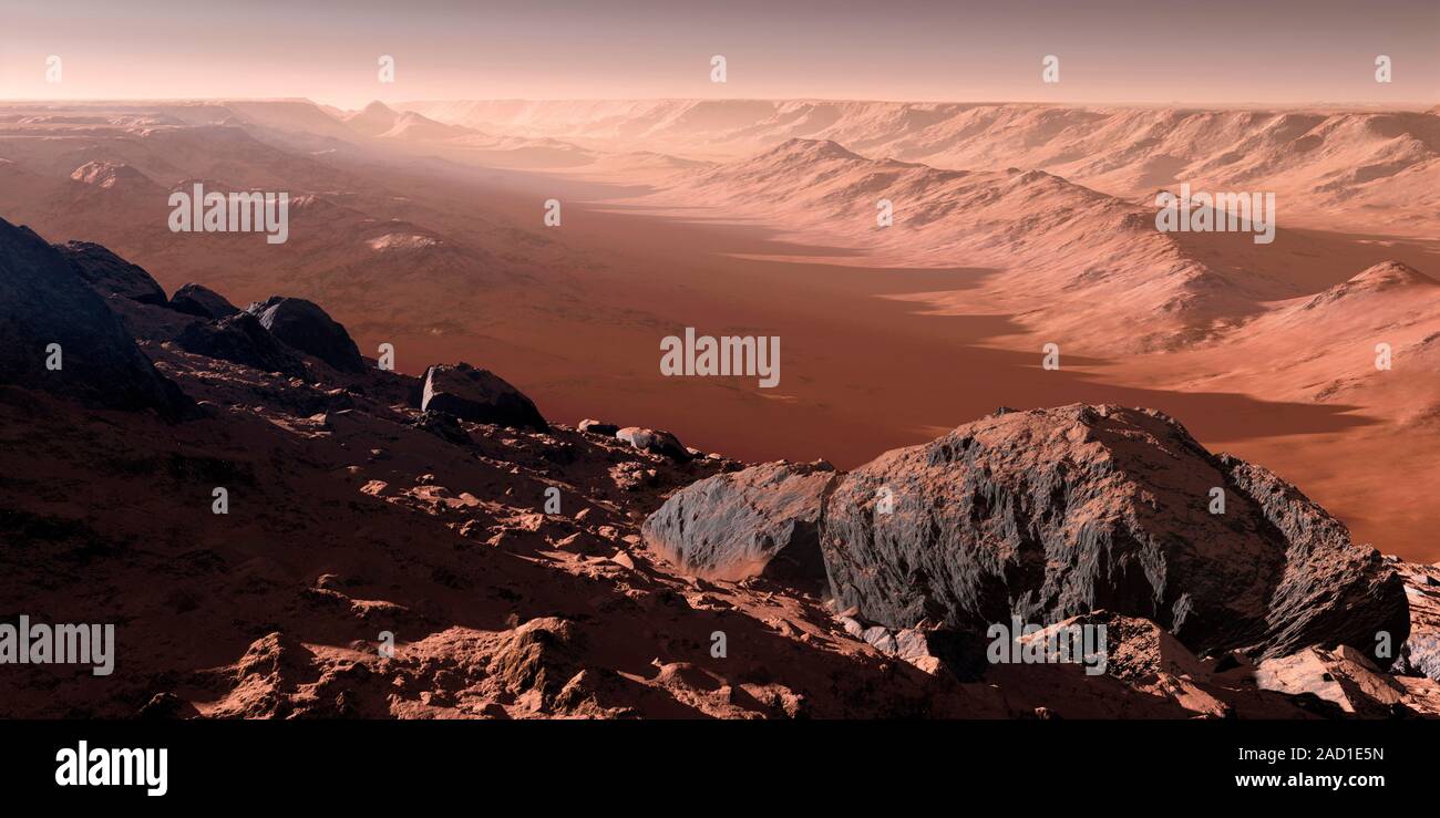 Canyons on Mars. Artwork of canyons of on Mars. Mars possesses vast ...