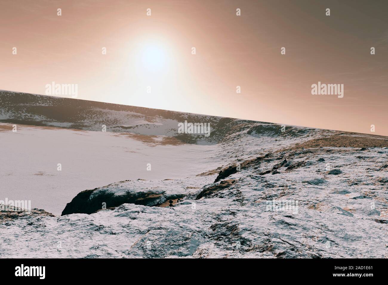 Snow on Mars. Artwork of snow and ice on highland areas on Mars. Mars ...