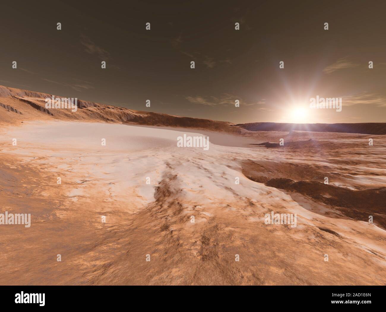 Impact crater on Mars, artwork. Mars is a rocky desert world with no ...