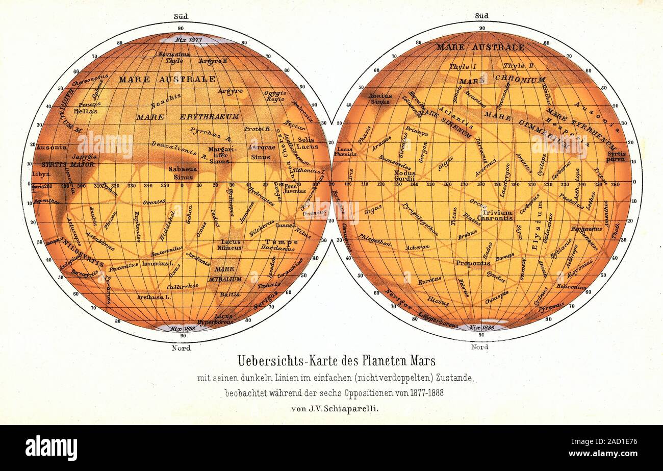 Map of Mars. Historical map of the surface of Mars. This map was made ...
