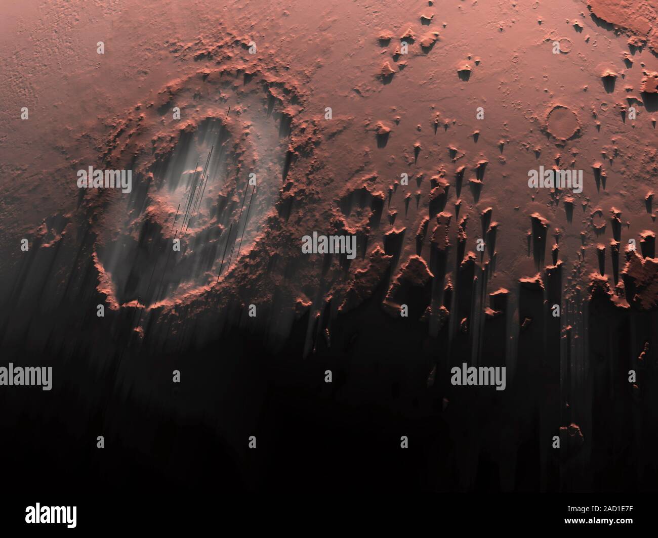 Complex crater on Mars. Computer artwork showing a large complex impact ...