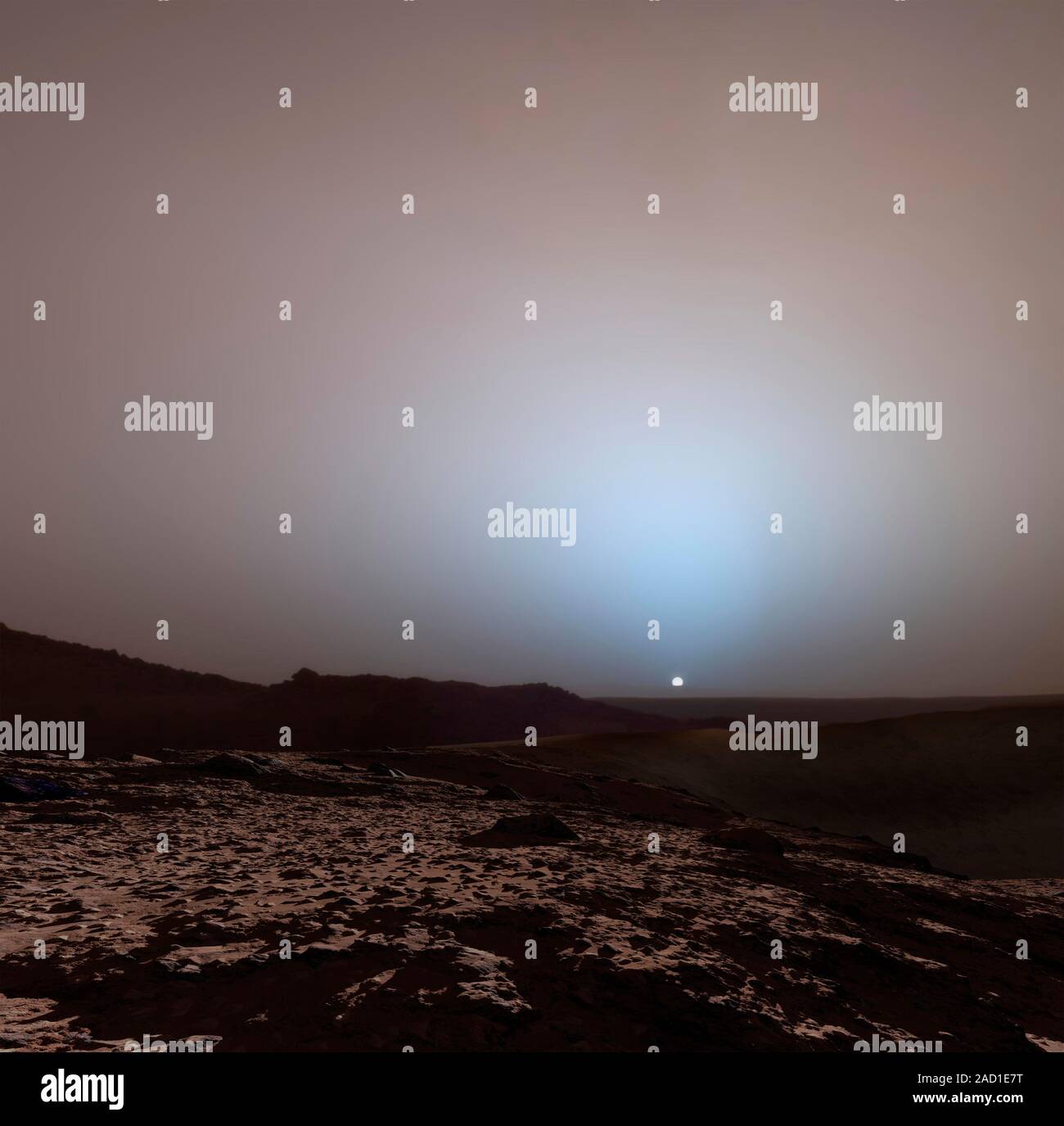 Martian sunrise, artwork. Mars is a rocky desert world with no surface ...