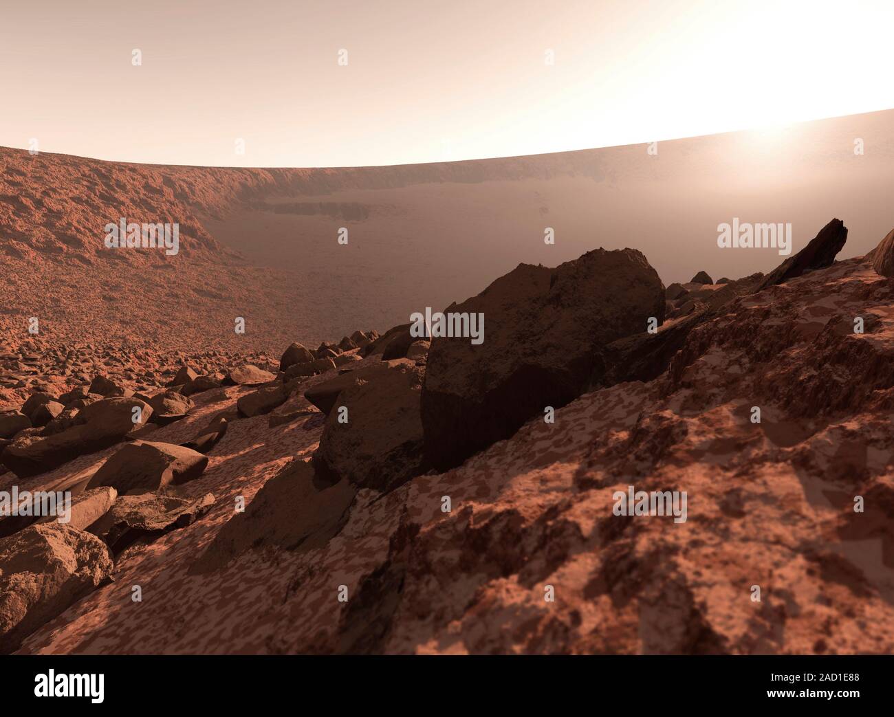 Martian sunrise, artwork. Mars is a rocky desert world with no surface ...