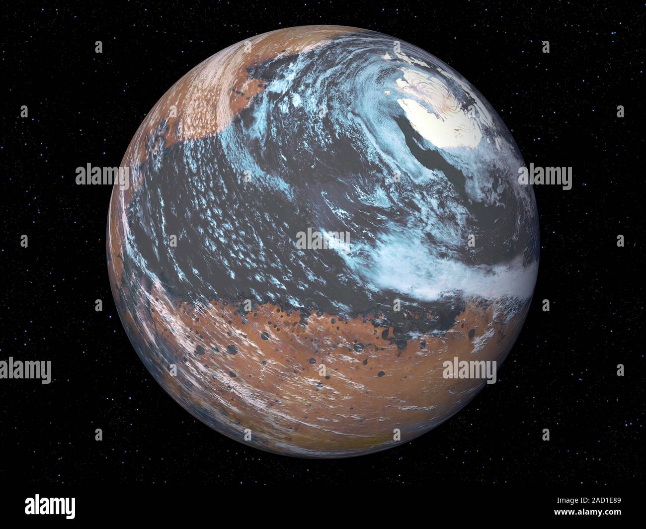 Terraformed Mars. Computer artwork of the planet Mars with oceans of ...