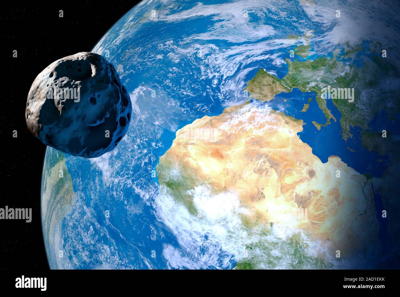 Asteroid approaching Earth. Computer illustration of an asteroid (top) approaching Earth's ...