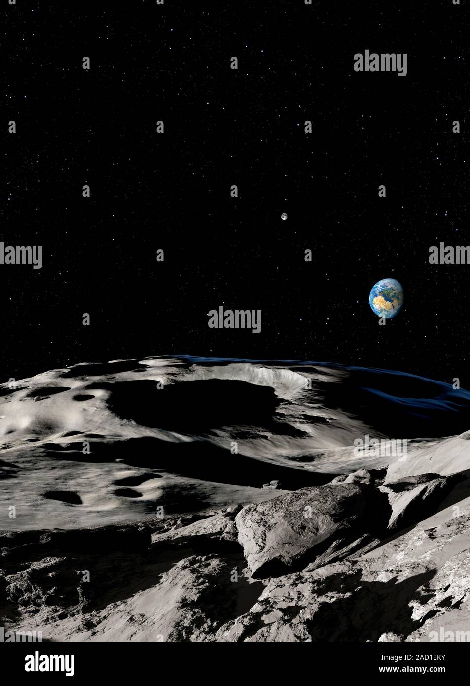 Asteroid approaching Earth. Computer illustration of a view across the ...