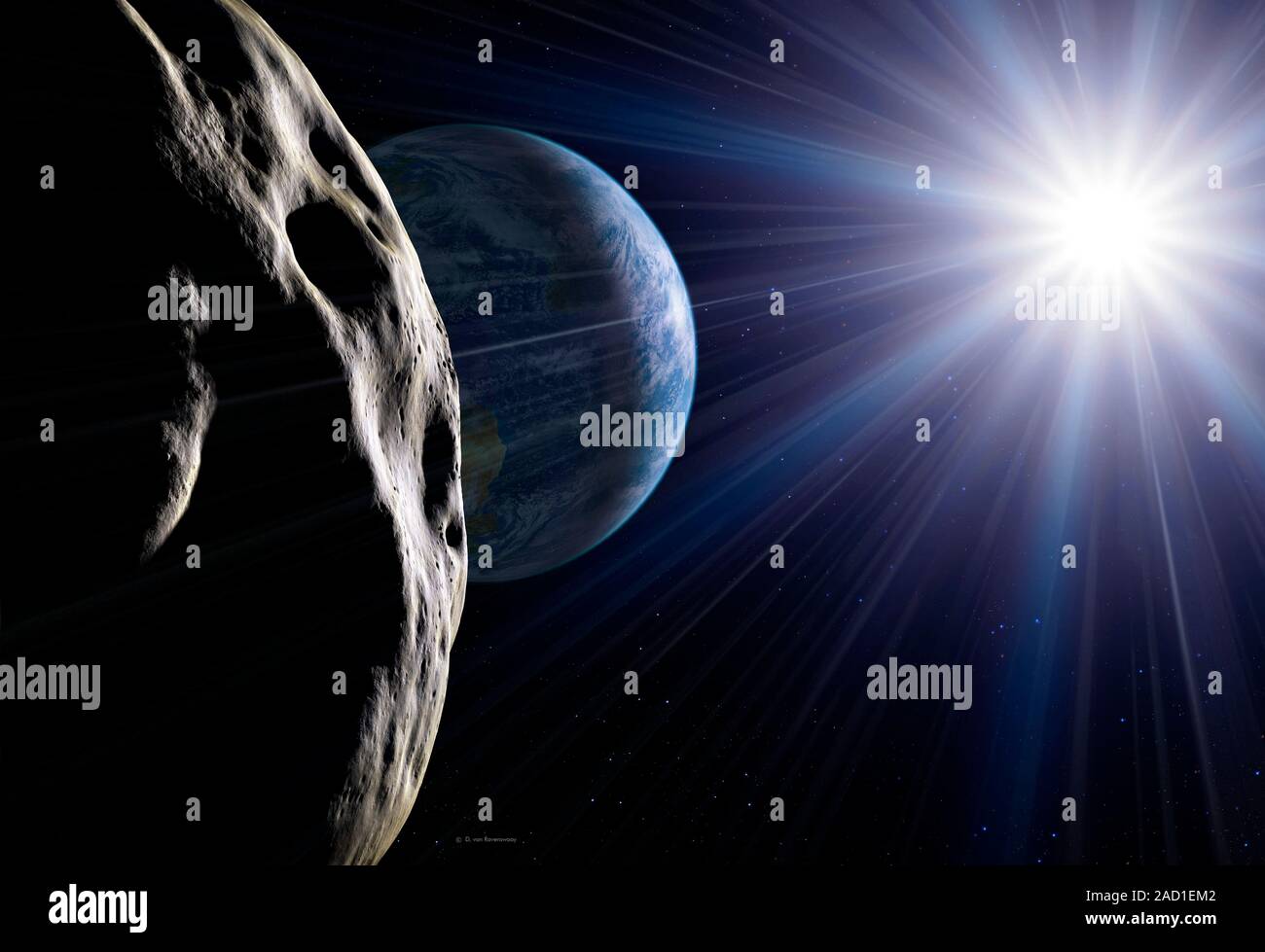 Asteroid approaching Earth. Computer illustration of a view across the ...