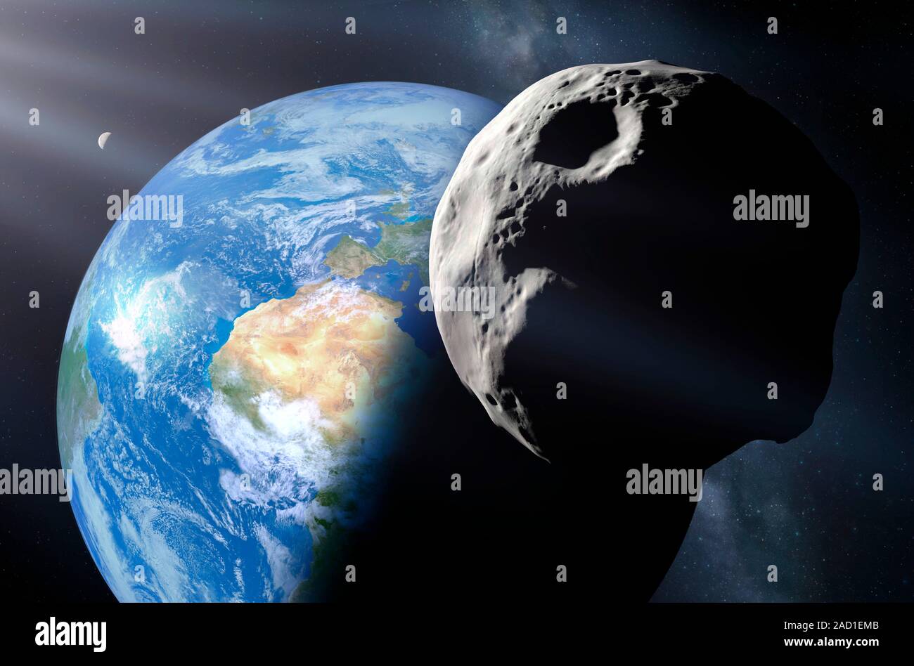 Asteroid approaching Earth. Computer illustration of an asteroid (right ...