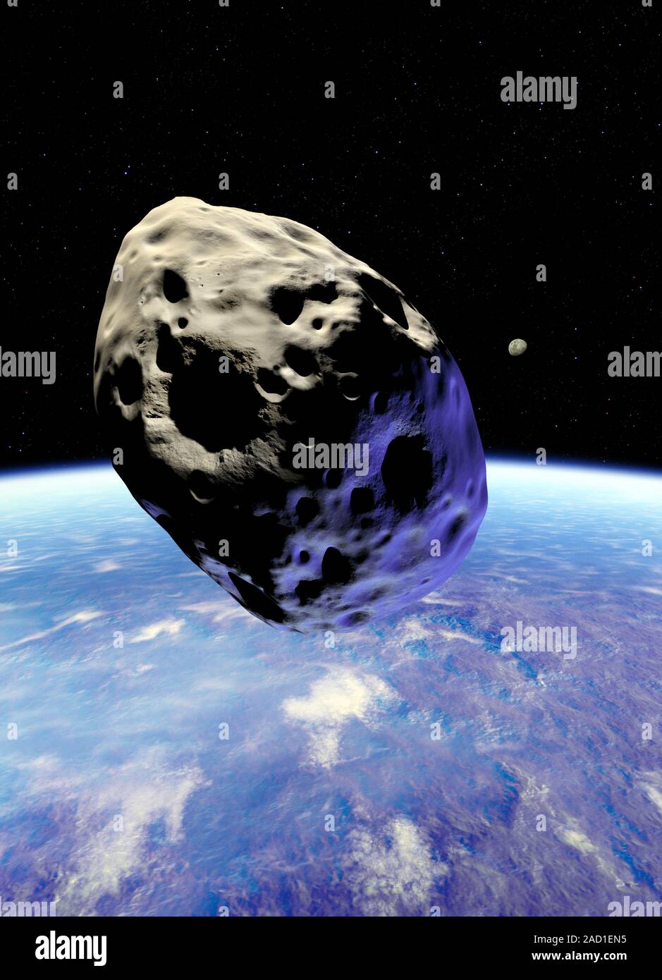 Asteroid approaching Earth. Computer illustration of an asteroid (centre) approaching the Earth ...