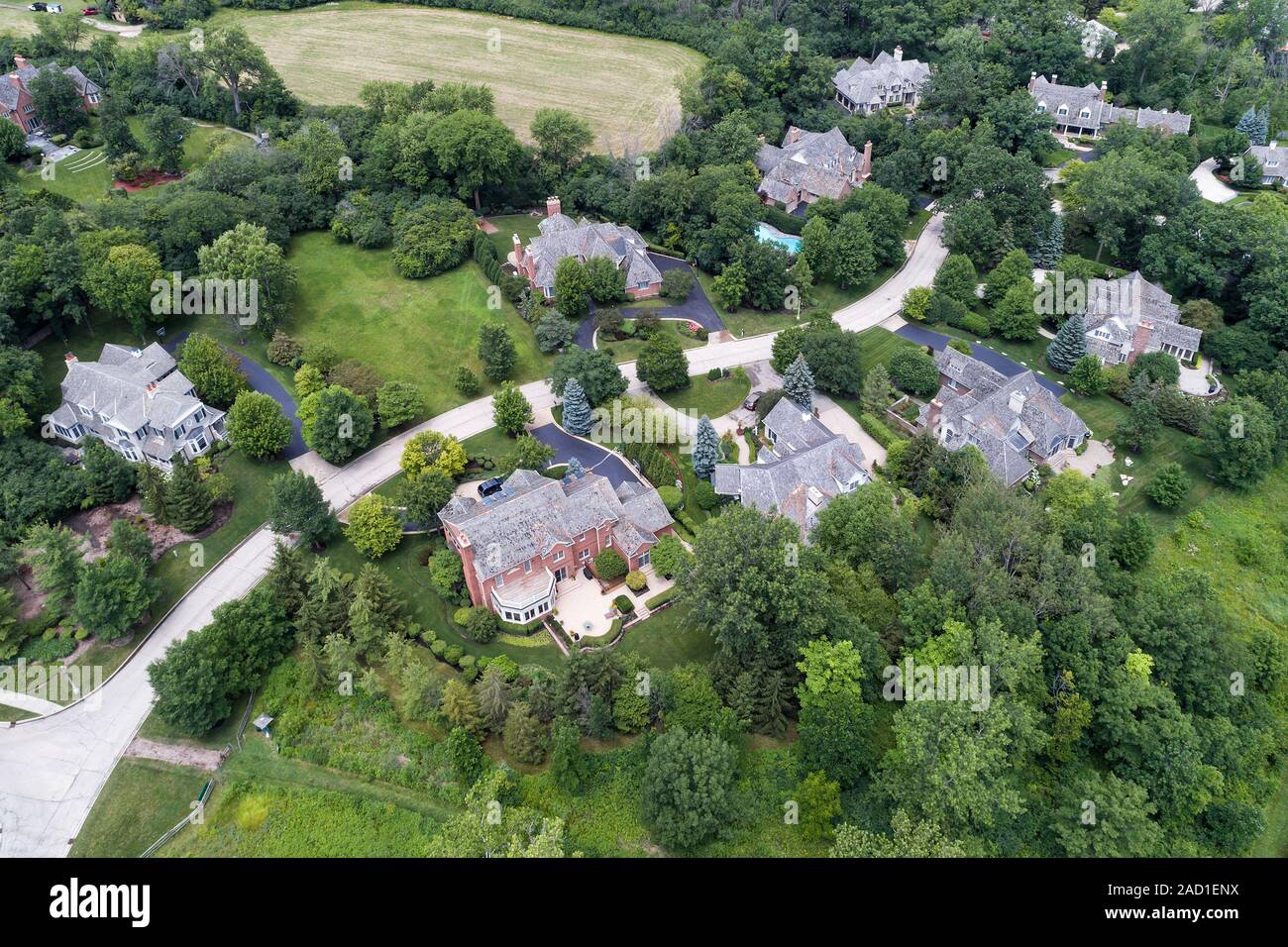 Aerial view of a luxury neighborhood with mature trees and large lots ...