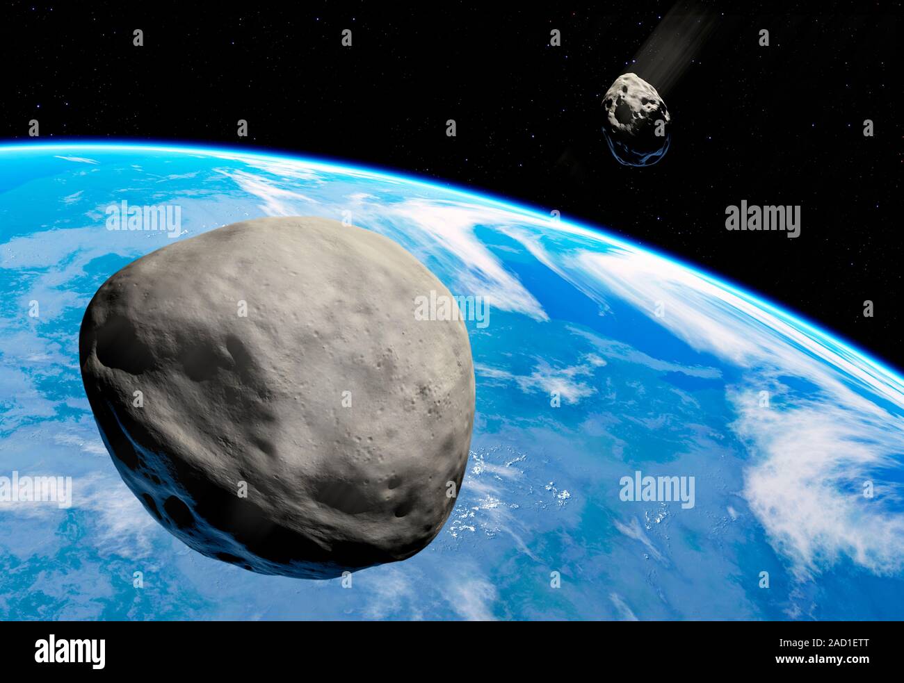 Asteroids approaching Earth. Computer illustration of asteroids entering Earth's atmosphere ...