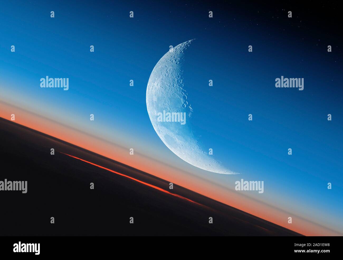 Earth and Moon from orbit. Computer illustration looking across the ...
