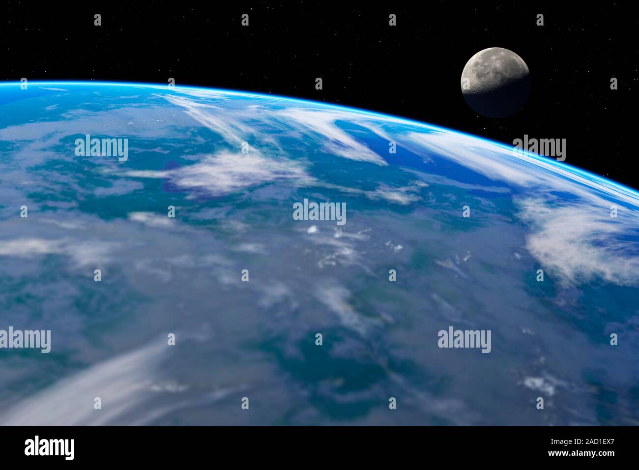 Earth and Moon from orbit. Computer illustration looking across the ...