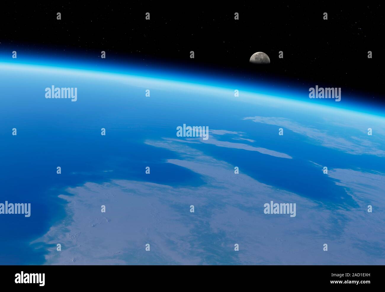 Moonrise over Earth. View across the Earth's outer atmosphere towards ...