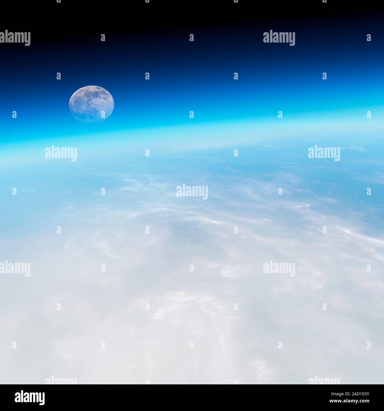 Moon over the Earth. Computer illustration of a view across the Earth's ...